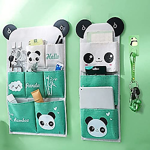 pandaonly 2 Wall Hanging Storage Bag,Linen Cotton Fabric Waterproof Pocket Organizer Bag with 6 Hooks,Over the Door/Wall for Bedroom Bathroom Closet Home Organizer
