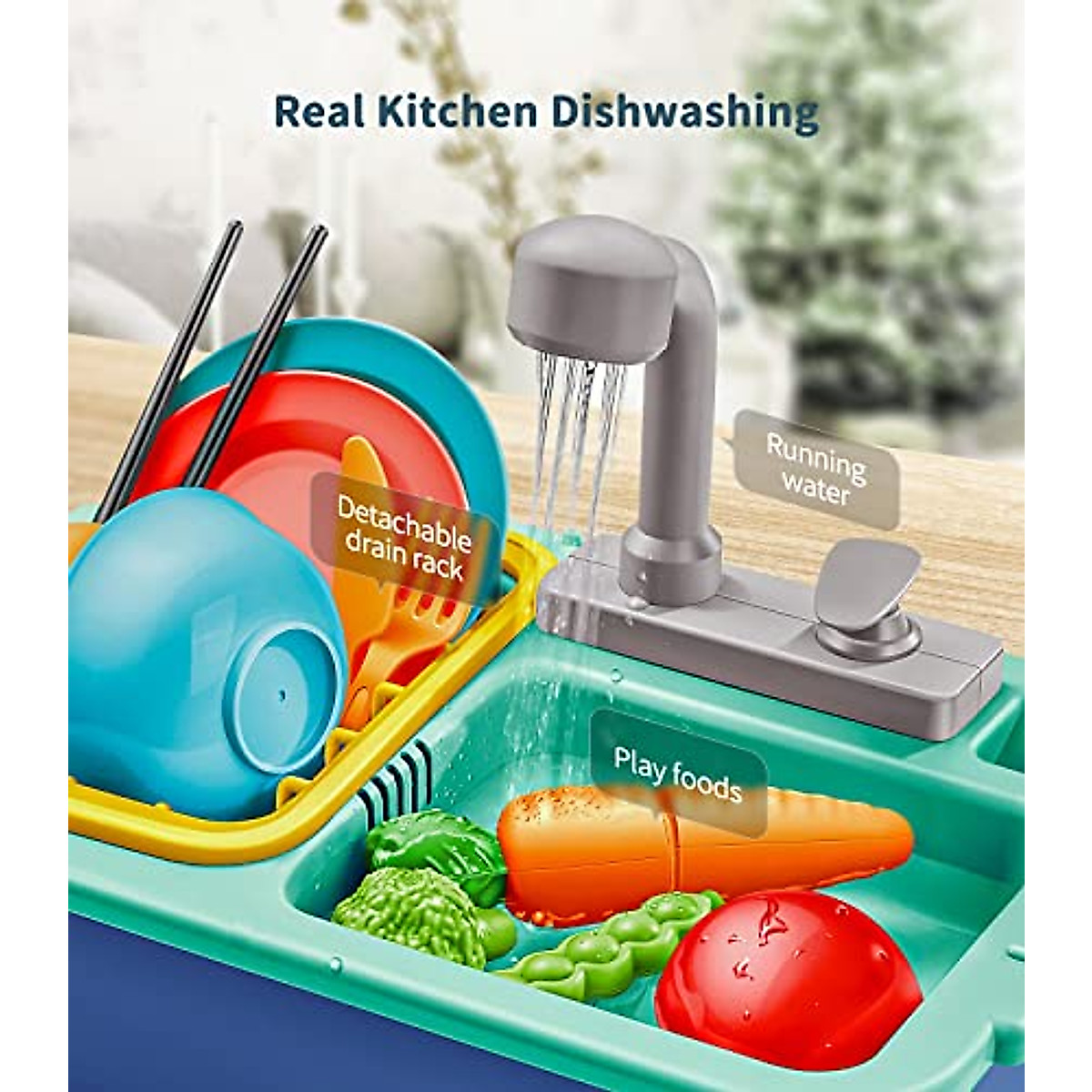 Geyiie Play Sink with Running Water - Kitchen Sink Toys for Kids and Toddlers with Upgraded Faucet, Cutting Food, Play Dishes, Pretend Role Play Kitchen Set, Ideal Sensory Gift for Girls Boys