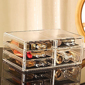Cq acrylic Cosmetic Display Cases With LId Dustproof Waterproof for Bathroom Countertop Stackable Clear Makeup Organizer and Storage With 7 Drawers,Set of 3