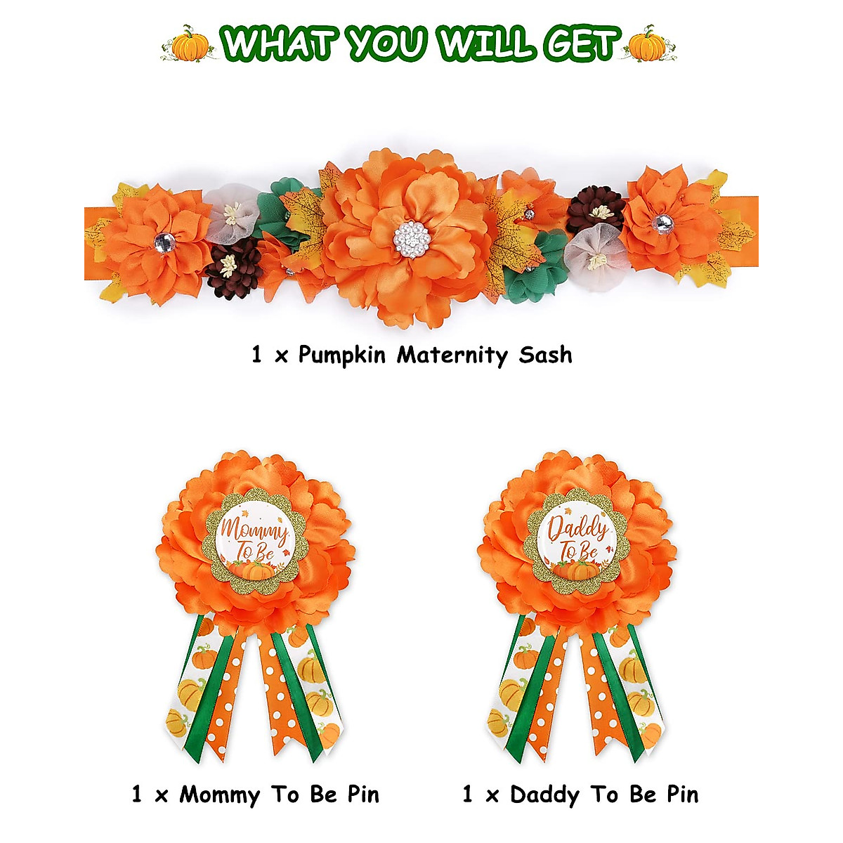 Pumpkin Maternity Sash Mom to Be & Daddy to Be Baby Shower Corsage Set Fall Pumpkin Sash and Pins for Baby Shower Gender Reveal Keepsake Photography Pregnancy Flower Belly Belt Souvenir Supplies