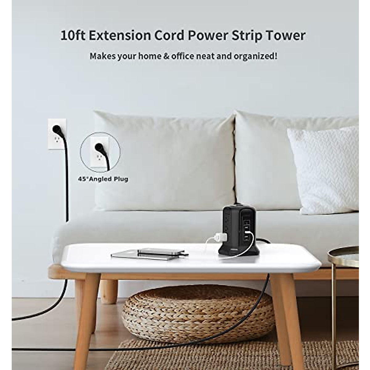 Power Strip Surge Protector Tower- 9 AC Multiple Outlets with 4 USB Ports (1 USB C),10 Ft Long Heavy Duty Extension Cord,Flat Plug Charging Station with Overload Protection for Home Office Dorm Desk