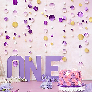 Cheerland Party Decorations Purple Circle Dot Garland Gold White Lavender Hanging Banner Streamer Backdrop Decor for Themed Birthday Wedding Bridal Baby Showers Party Supplies 46ft