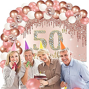 Happy 50th Birthday Banner Backdrop Decorations with Confetti Balloon Garland Arch, Rose Gold 50 Birthday Banner Balloon Set for Women, Pink 50 Year Old Bday Poster Photo Booth Decor