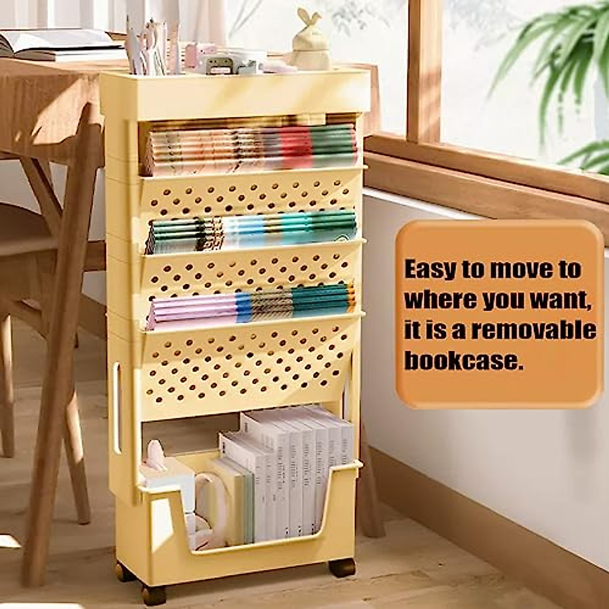 APBATS 5 Tier Removable Movable Bookshelf, Mobile Unique Bookcase, Utility Organizer Yellow Bookshelves with Wheels for Kids Children Students Study in Bedroom Living Room Home School