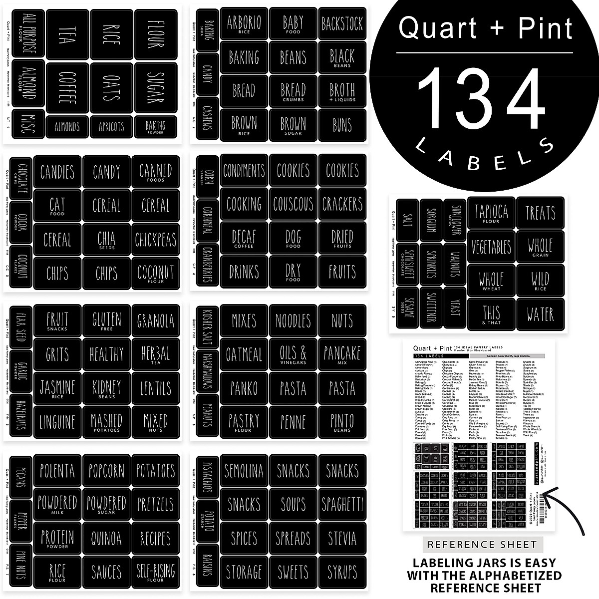 QUART + PINT 134 Kitchen Pantry Labels for Containers. Preprinted Retro Handwritten Style. Black Matte Sticker White Text. Waterproof Stickers. Organization Labels for Jars Canisters & Storage Bins.