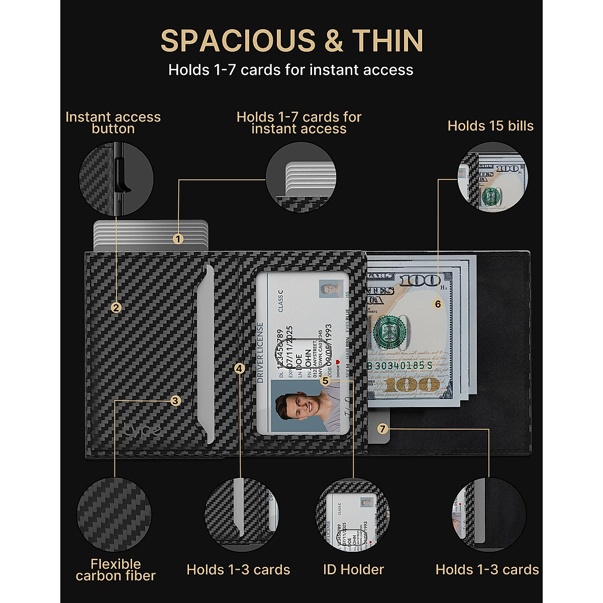 typecase Mens Wallet Card Holder: Pop Up Aluminum Case, Genuine Leather, Smart, RFID Blocking, Slim, Minimalist, Front Pocket - 9-14 Card Capacity | ID Window | Cash Slot (Carbon Fiber)