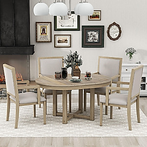 FIQHOME 5-Piece, Round to Oval Extendable Butterfly Leaf, Table and 4 Upholstered Chairs with Armrests,Kitchen Dining Set,Natural Wood Wash