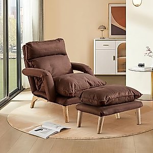 CLIPOP Modern Living Room Accent Chair with Ottoman, Comfy Linen Armchair with Adjustable Backrest(5 Angles), Solid Wood Legs, Leisure Upholstered Single Sofa Chair with Footrest, Brown