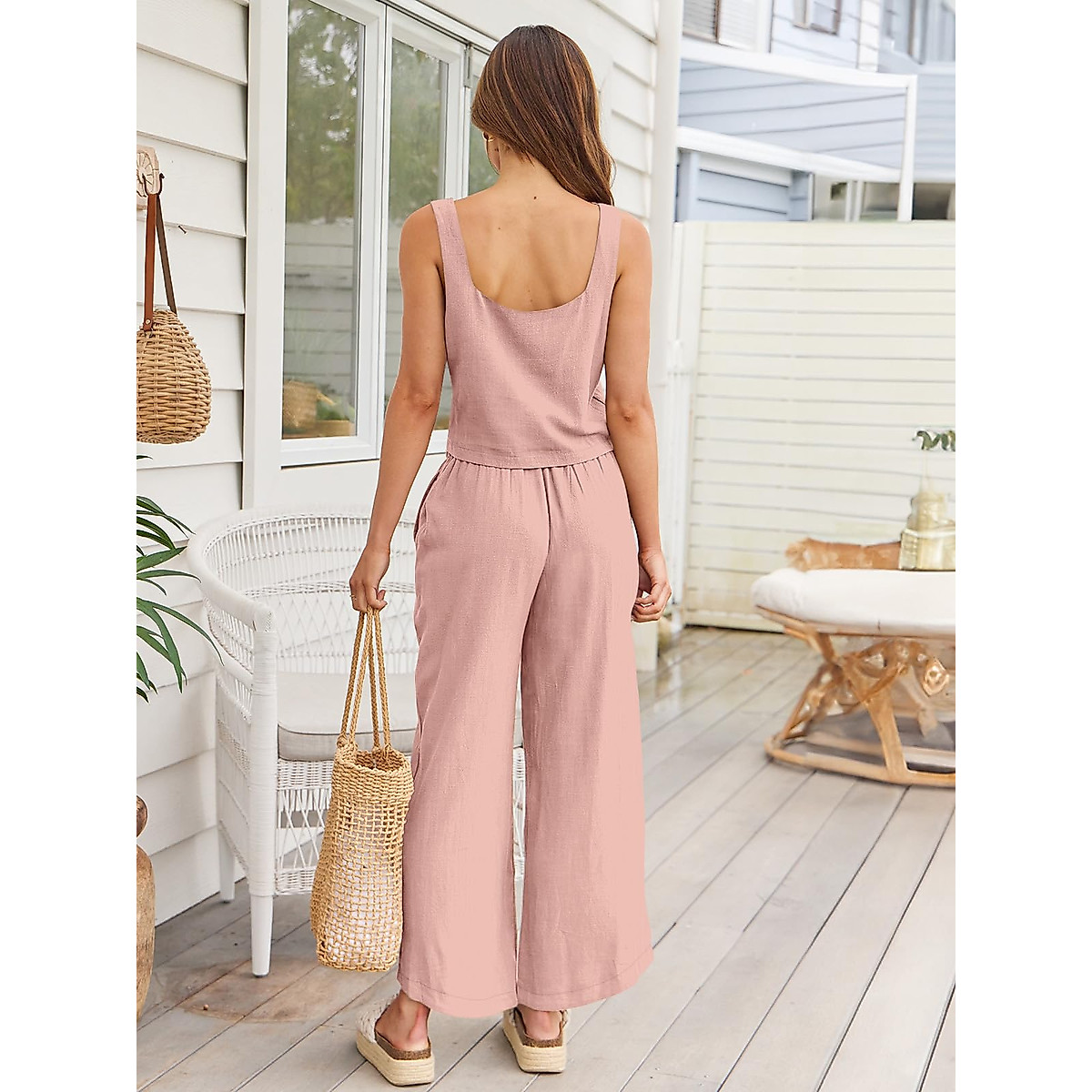 AUTOMET 2 Piece Summer Outfits for Women Casual Soft Lounge Matching Sets Two Piece Linen Crop Top Pants 2024 Fashion Clothes Pink L