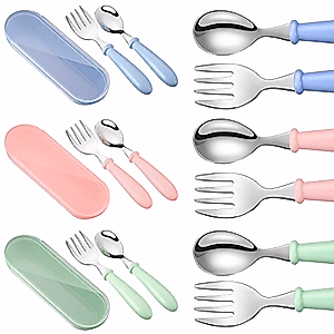 9 Pieces Toddler Utensils Stainless Steel Fork and Spoon Safe Baby Silverware Set, Kid Safe Utensils Children's Flatware Kids Cutlery Set with Round Handle for LunchBox (Blue, Green, Pink)