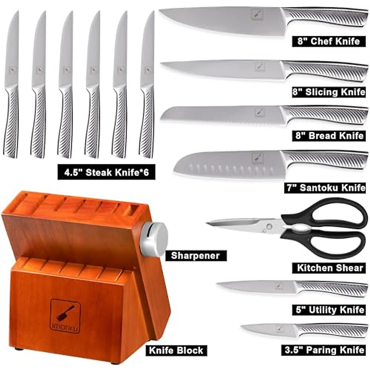 imarku Knife Set,14-Piece Knife Sets for kitchen with block,Premium One-Piece Kitchen Knife Set with Sharpener,High Carbon Stainless Steel Knives Set for Kitchen,Silver,Dishwasher Safe