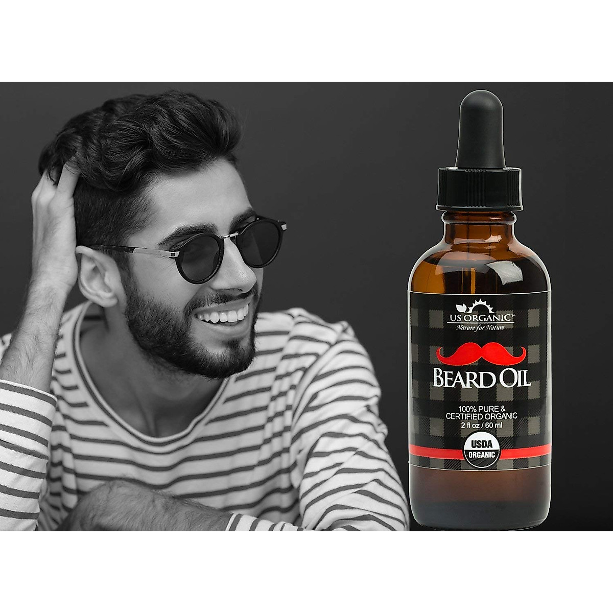 US Organic Beard Oil, 100% Pure, USDA Certified, Softens, shine, moisturizes, Amber Glass Bottle with Eye Dropper, 2 Ounce