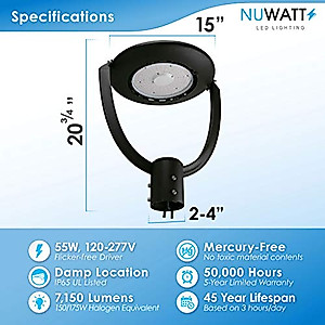 NUWATT LED Street Post Top Area Light Circle Pole Round Fixture, 4,550 Lumens Dusk to Dawn Photocell Fixture 35W (75/100W Equivalent) Outdoor Pathway Pole Light Yard Light Fixture UL/DLC Listed