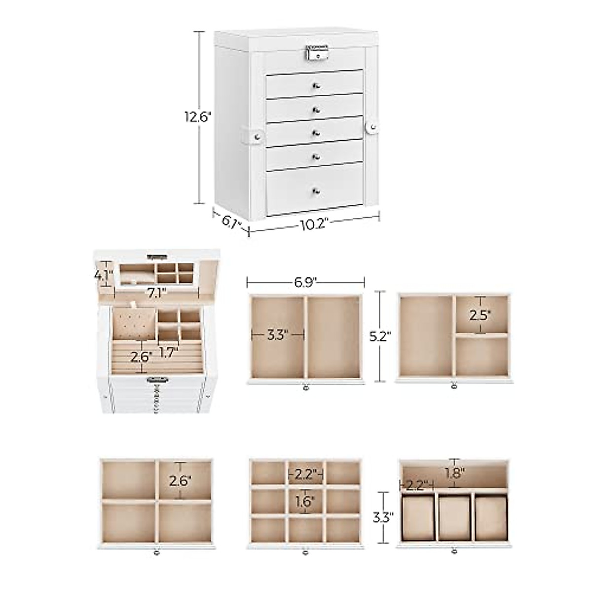 SONGMICS 6 Tier Jewelry Box, Jewelry Case with 5 Drawers, Large Storage Capacity, with Mirror, Lockable, Jewelry Storage Organizer, Gift for Loved Ones, For Watches, White UJBC152W01