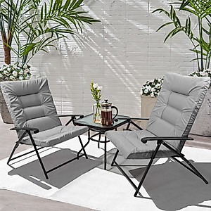 Omelaza 3 Pieces Patio Padded Folding Chair, Outdoor Adjustable Reclining Lounge Chairs with Tempered Glass Table (Grey)