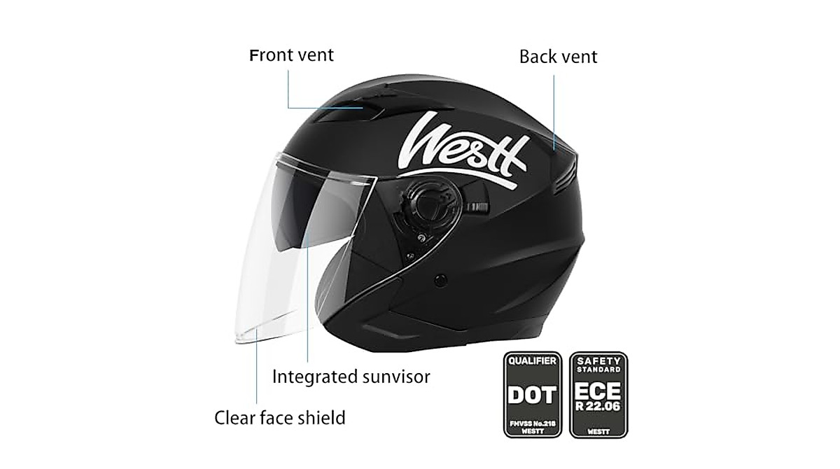 Westt Open Face Motorcycle Helmet with Dual Sun Visor - DOT Approved