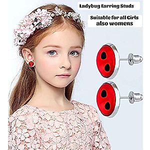 Red Ladybird Girl’s Earring Studs Black Spots Silver Bug Earrings for Halloween Christmas Birthday Cosplay Gifts