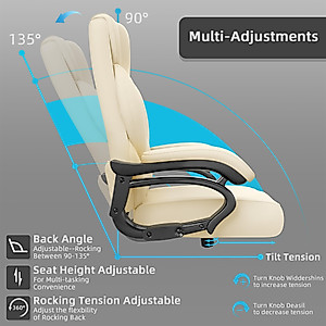 500LBS High Back Executive Chair - Ergonomic Big and Tall Office Chair with Metal Base & Arms, Leather Lumbar Support, Reclining Comfort Chair (White)
