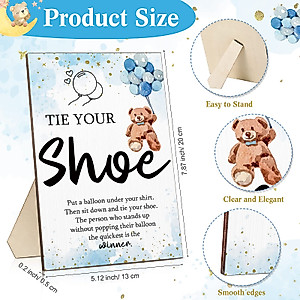Roowest 51 Pcs Tie Your Shoe Baby Shower Game Sign Wooden Bear Baby Shower Sign Baby Gift Sets Gender Reveal Party Favors 50 Blue Baby Latex Balloons for Boy Girl Baby Shower Game Supplies Decors