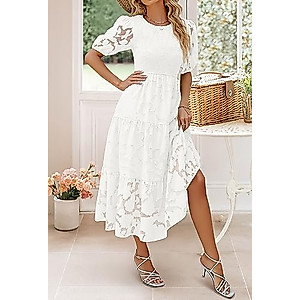 ZESICA Women's 2023 Summer Short Puff Sleeve Crewneck Smocked Floral Lace Flowy A Line Tiered Midi Dresses,White,Medium