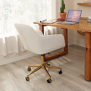Zesthouse Modern Desk Chair with Wheels, White Swivel Vanity Chair for Girls Women, Upholstered Home Office Chair Boucle Armchair for Bedroom, Height Adjustable Computer Task Chair, Gold Base