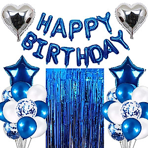 Blue Birthday Party Decorations Set with Blue Happy Birthday Balloons Banner, Confetti and Latex Balloon, Heart Star Foil Balloon, Foil Fringe Curtain for Blue Theme Birthday Party Supplies