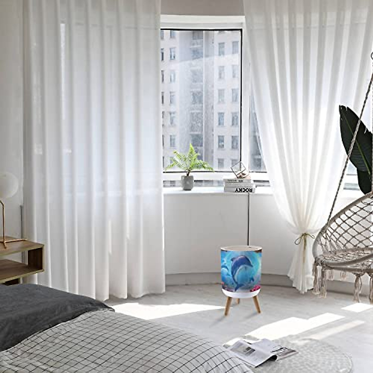 IBPNKFAZ89 Small Trash Can with Lid Pod of Lovable Dolphins Chasing one Another in Colorful Tropical Ocean Garbage Bin Wood Waste Bin Press Cover Round Wastebasket for Bathroom Bedroom Office Kitchen