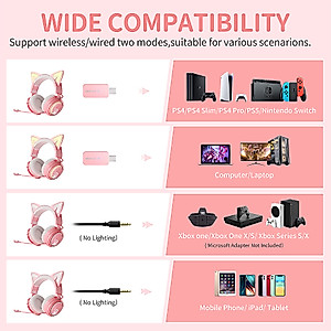 SOMIC GS510 Cat Ear Headset Wireless Gaming Headset for PS5/ PS4/ PC, Pink Headset 2.4G with Retractable Mic, 7.1 Stereo Sound, 8Hrs Playtime, RGB Lighting for Girls (Xbox Only Work in Wired Mode)