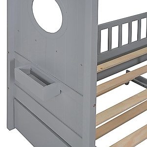 EOVTK Full Size Wooden House Bed with Trundle & Storage Shelves, Twin Kids Bed Frame with Roof, Strong Sturdy Wood Slats Support for Kids Girls Boys, Gray