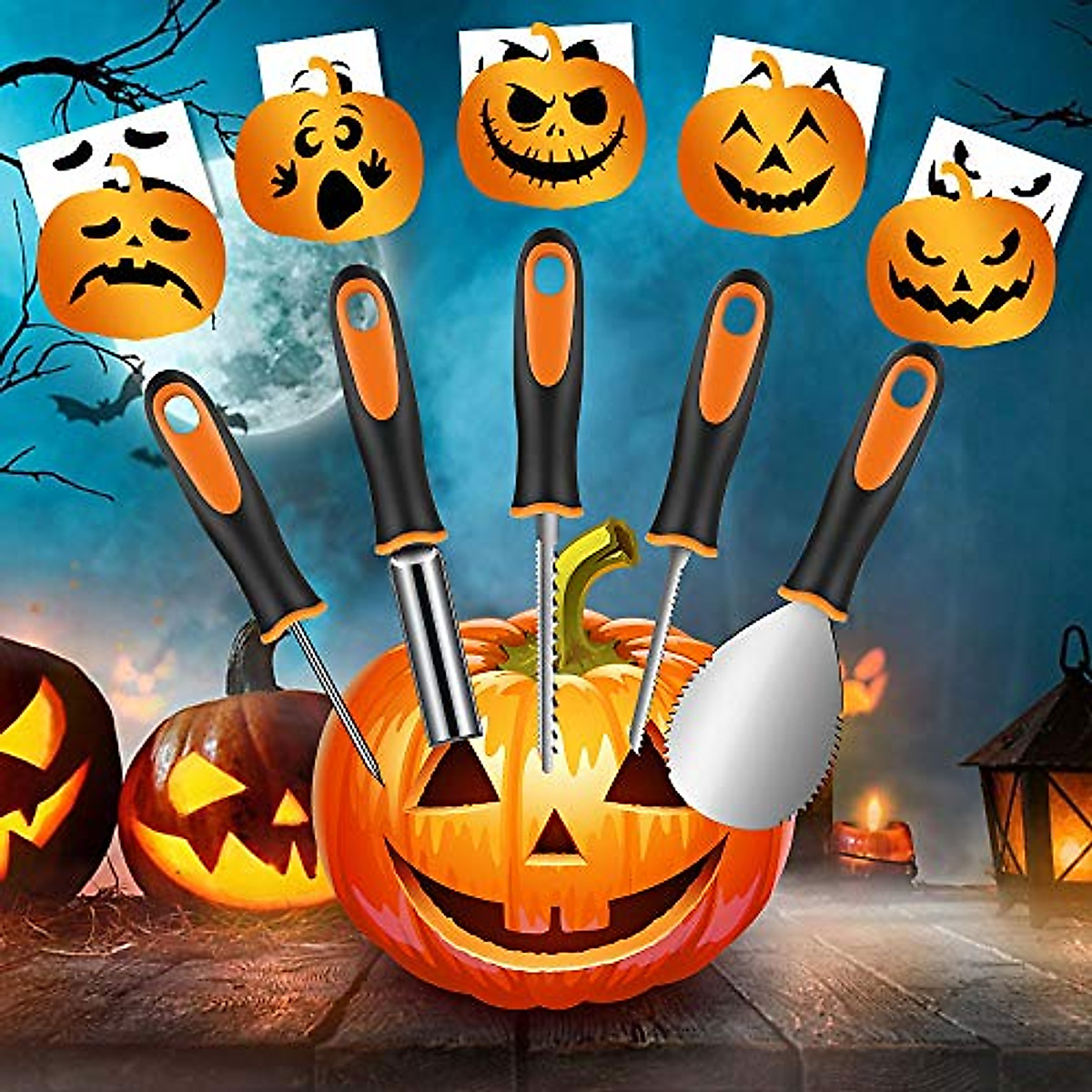 Halloween Pumpkin Carving Kit, Premium Stainless Steel Halloween DIY Decoration Stencils, 2 LED Candles, 13PCS Professional Pumpkin Cutting Supplies Tools with Heavy Duty Knife for Kids & Adults
