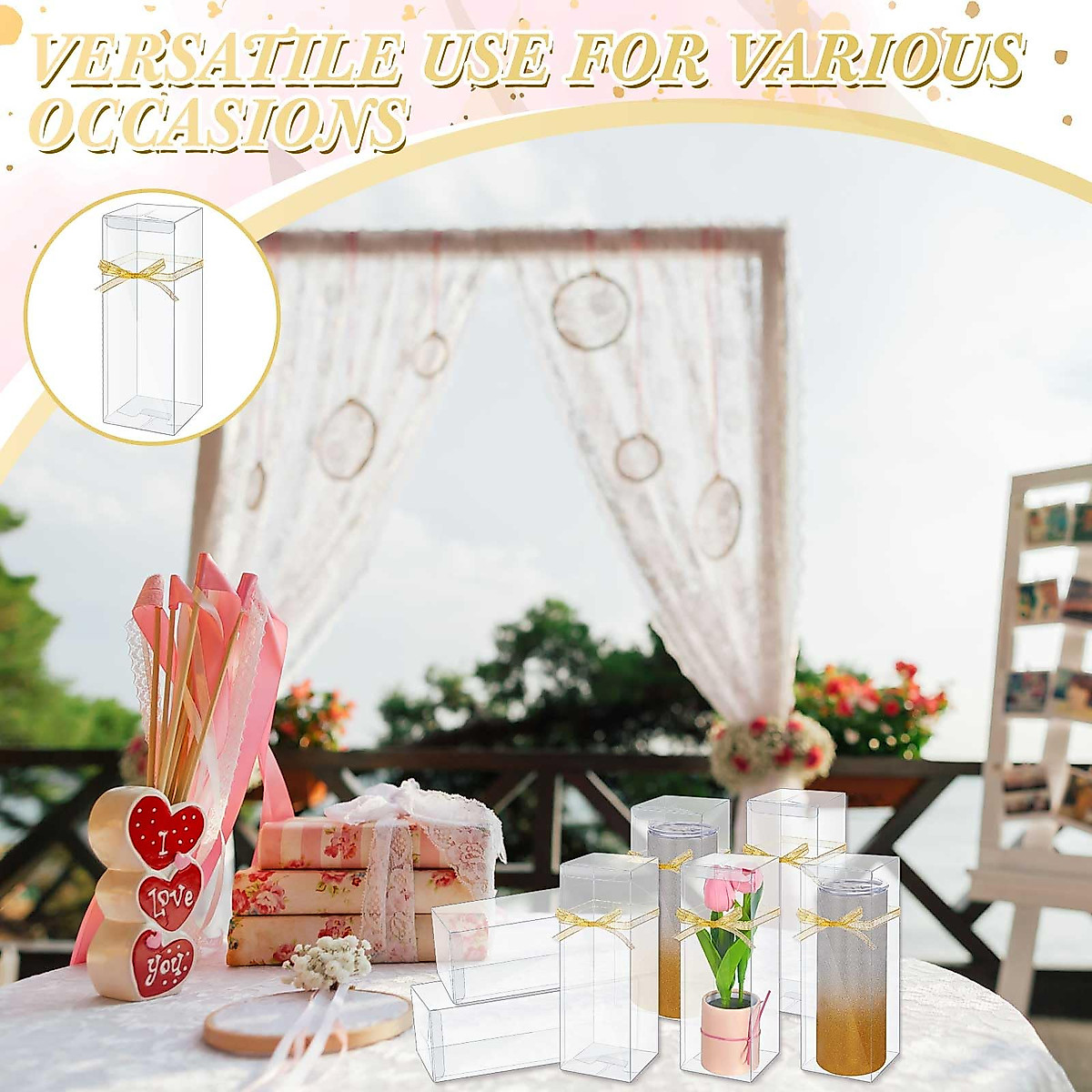 Beeveer 50 Pcs Mug Gift Boxes Clear Tumblers Packaging Box with Ribbon for Sublimation Tumblers Compatible with Stanley 11oz 12oz 15oz 20oz 30oz 40oz(3.3 x 3.3 x 9.8 Inch)