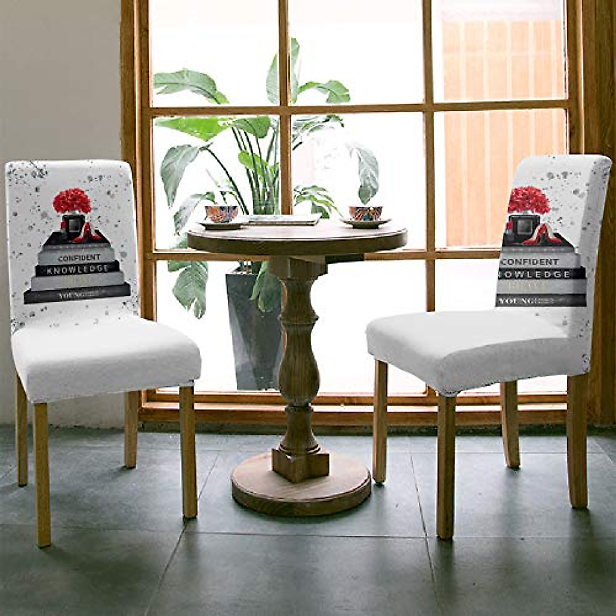 Dining Room Chair Covers, Red Lipstick High Heels Flower Black Gray Book Abstract Watercolor Painting Stretch Parsons Chair Slipcovers Removable Chair Protector Cover Set of 8