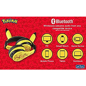 eKids Pokemon Kids Bluetooth Headphones, Wireless Headphones with Microphone Includes Aux Cord, Volume Reduced Kids Foldable Headphones for School, Home, or Travel