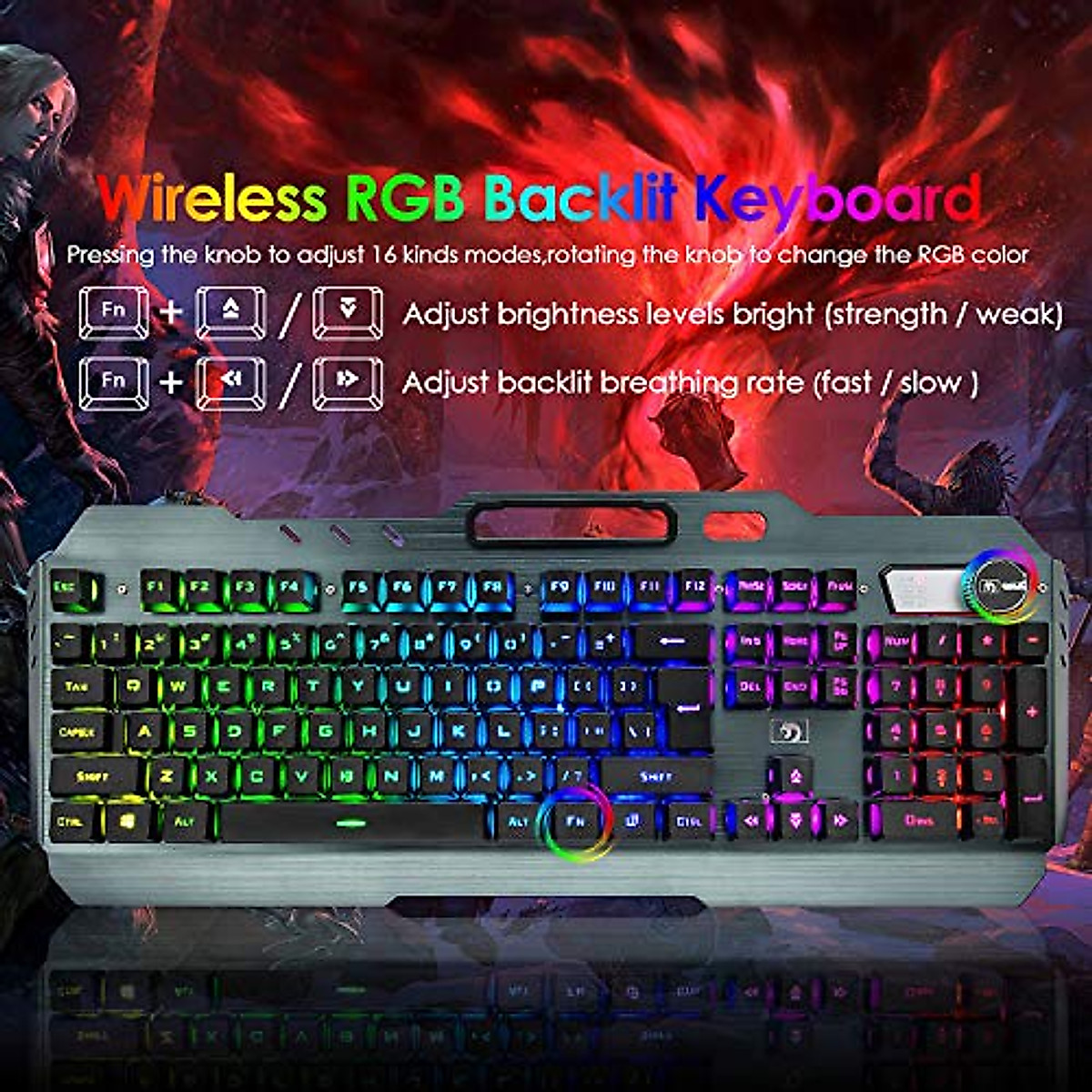 Wireless Gaming Keyboard and Mouse,16 Kinds RGB LED Backlit Rechargeable Keyboard Mouse with 4800mAh Battery Metal Panel,Mechanical Feel and Gaming Mute Mouse for Computer Gamers(Black RGB Backlit)