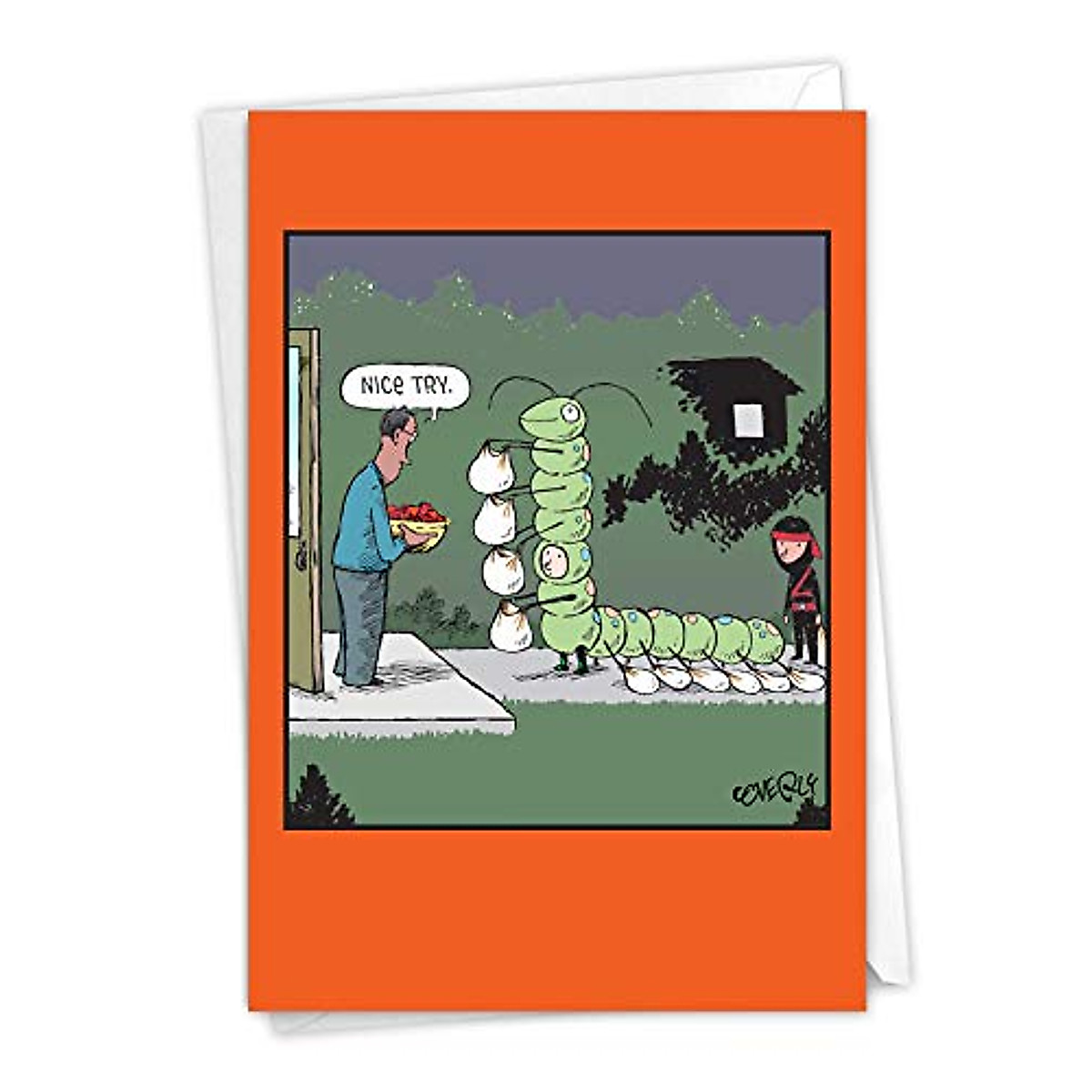 NobleWorks - Happy Halloween Card Funny - Fun Cartoon Humor, Spooky Greeting Notecard with Envelope - Caterpillar Trick C3394HWG