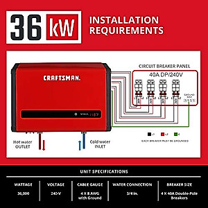 Craftsman CMXTEPA0036 36kW 240-Volt 7.3 GPM Electric Tankless Water Heater, Red
