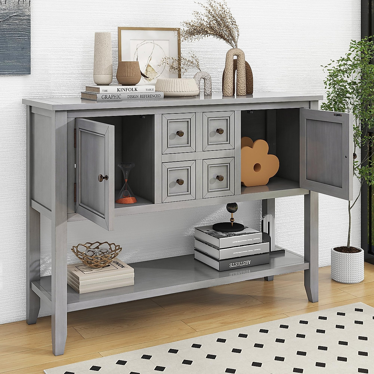 Harper & Bright Designs Buffet Table Kitchen Storage Buffet and Sideboard Console Tables with Four Storage Drawers Two Cabinets and Bottom (Antique Grey)