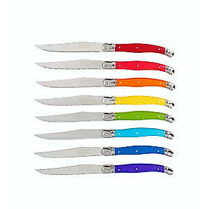French Home Laguiole 8-Piece Steak Knife Set – Sophisticated Stainless Steel Dinner Knives with Rainbow Handles & Iconic Bee Emblem – Serrated Knives for Smooth Cutting (9.25")