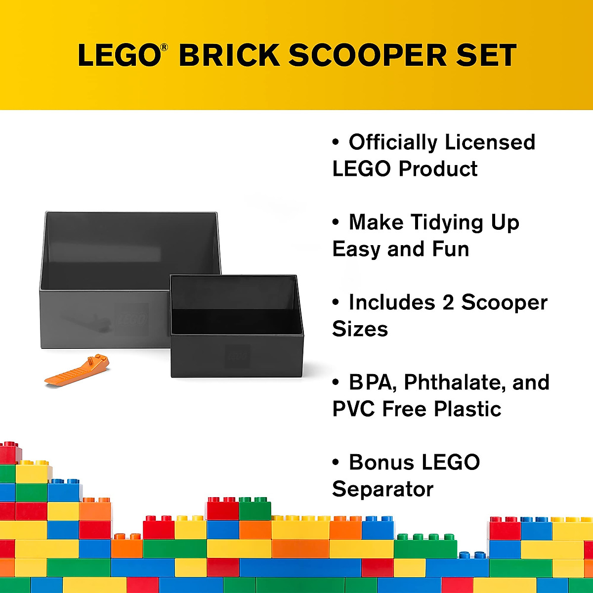 Room Copenhagen LEGO Brick Scooper Set - Easy Clean Up for Building Blocks and Other Toys - 1 Large Dark Stone Gray Scoop 7.63 x 5.19in and 1 Small Black Scoop 5.07 x 3.46in - Includes Brick Separator