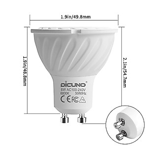 DiCUNO GU10 LED Light Bulb, 60W Halogen Bulbs Equivalent, 6W 600LM, 6000K Daylight White,100V-240V Non-dimmable GU10 Mr16 LED Bulbs, 10-Pack.