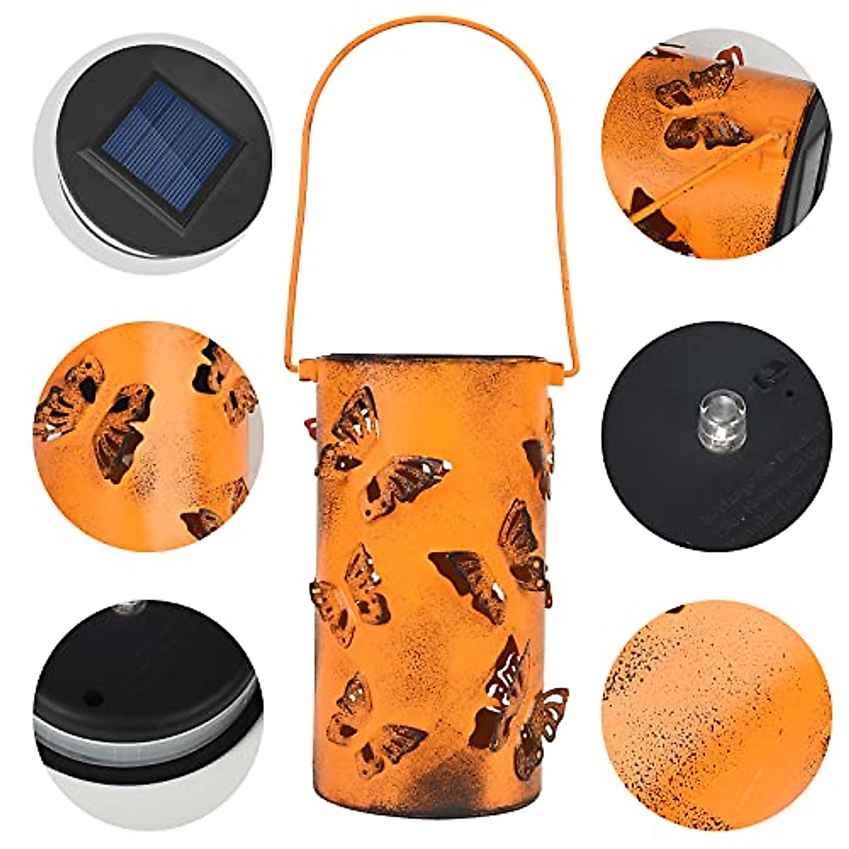 Greenidea 2 Pack Hanging Solar Lanterns Retro Solar Lights with Handle, Outdoor Solar Garden Lights Decor with Butterfly Pattern for Yard Tree Lawn Fence Patio-Yellow