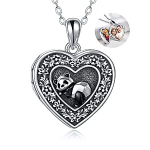 ONEFINITY Panda Locket Necklace That Holds Pictures Sterling Silver Flower And Panda Necklace Pendant Heart Locket Jewelry Birthday Gifts for Women