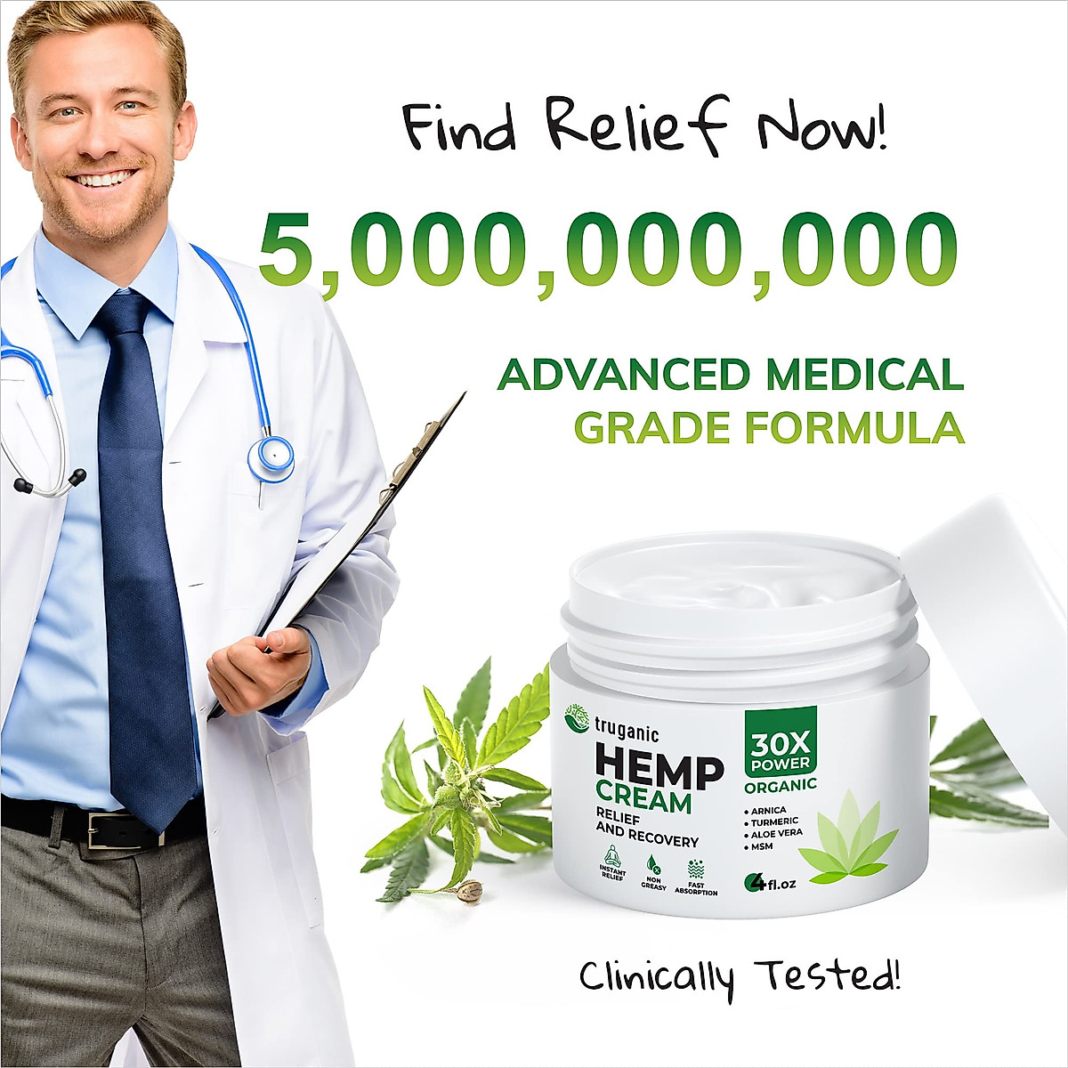 Truganic Premium Hemp Relief Cream 500,000,000-Powerful Soothing Hemp Cream for Back, Muscle, Joints, Skin Care