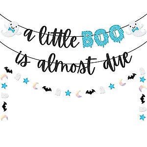 Blue Black A Little Boo is Almost Due Banner Garland for Halloween Boy Baby Shower Decorations