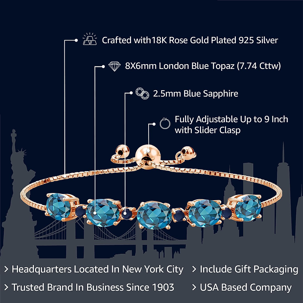 Gem Stone King 18K Rose Gold Plated Silver London Blue Topaz and Blue Sapphire Tennis Bracelet For Women | 7.74 Cttw | Gemstone Birthstone | Fully Adjustable Up to 9 Inch