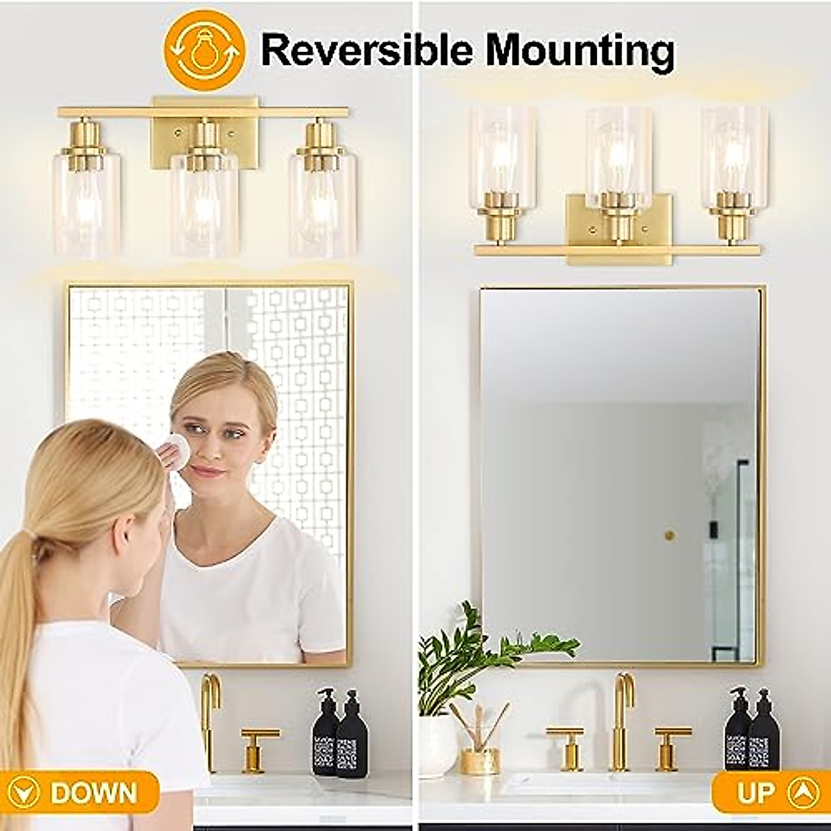 3-Light Brushed Gold Bathroom Light Fixtures, Brushed Brass Vanity Light Fixture Modern Bath Wall Sconce Lighting Wall Mount Lights Over Mirror with Clear Glass Shade for Living Room Bedroom Hallway