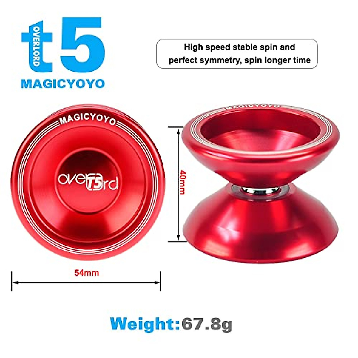 Magicyoyo Metal T5 Overlord Professional Unresponsive Yoyo, Alloy Yoyo with 5 YoYo Strings, YoYo Bag, Glove (Red)