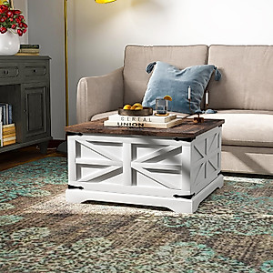 oneinmil Modern Farmhouse Coffee Table, Square Wood Center Table with Large Storage Space, Metal Corners, Z Shape, White