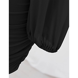 ZESICA Women's Sexy V Neck Ruched Bodycon Mini Dress Puff Long Sleeve Cocktail Wedding Party Short Dresses,Black,Large