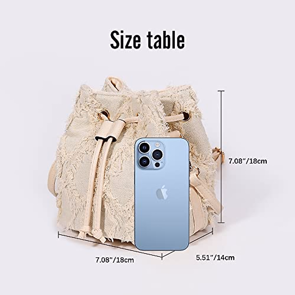 JBB Bucket Bags for Women Mini Crossbody Purse Denim Fringe Hobo Shoulder Handbag Drawstring Tote Bag White